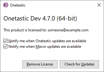 New Update and License Dialog - Onetastic